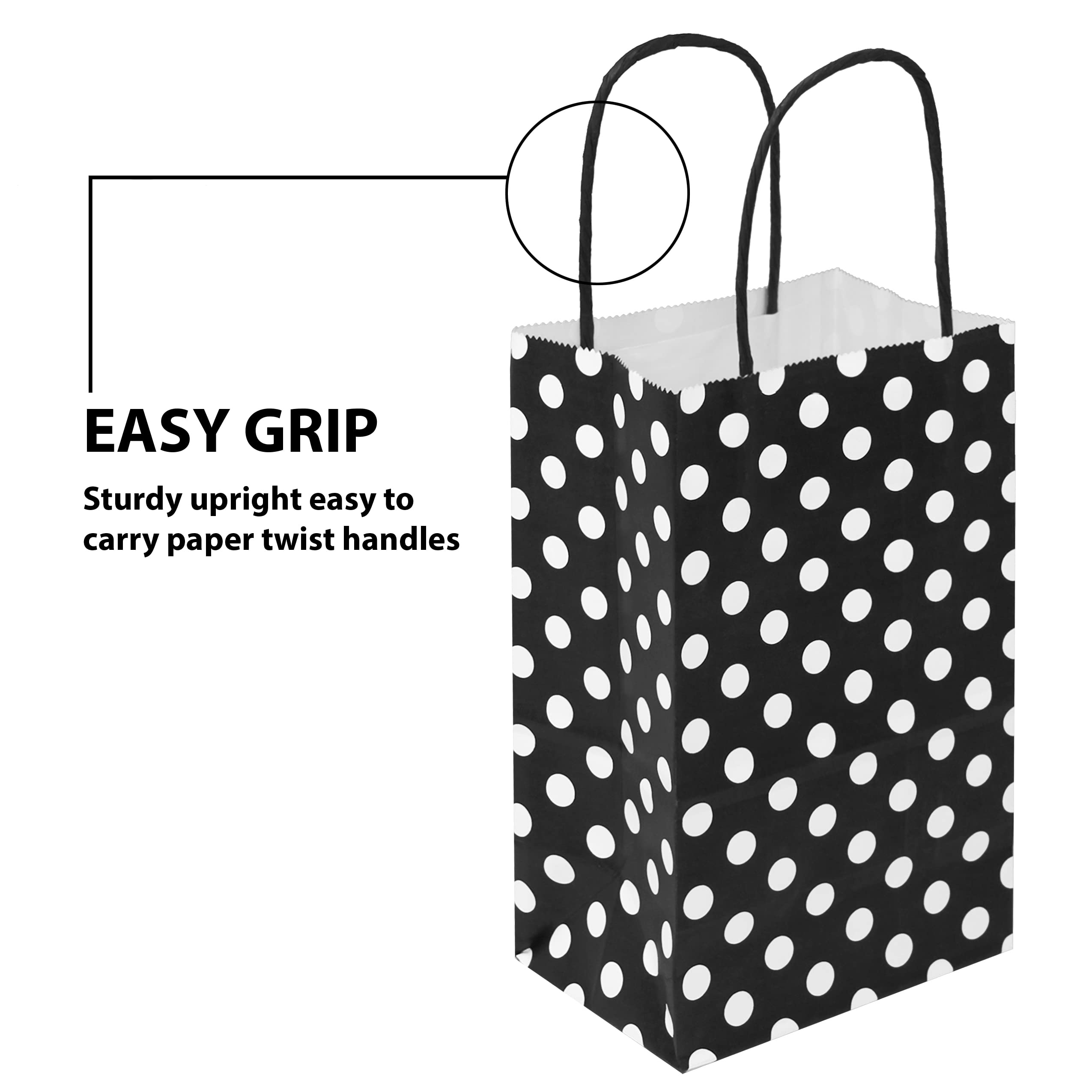 Dsquare 12ct Food Safe Premium Paper & Ink, Polka Dots Color Kraft Bag with Handle 8.5 x 5.25 in - Party Favor Gift Bags with Handle, Color Goody Bag, Environmentally Safe (Small, Black)