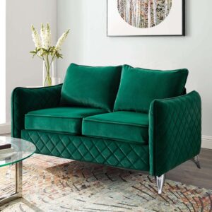 altrobene velvet loveseat, modern sofa chair couch for two people, soft upholstered, silver tone metal legs, christmas green