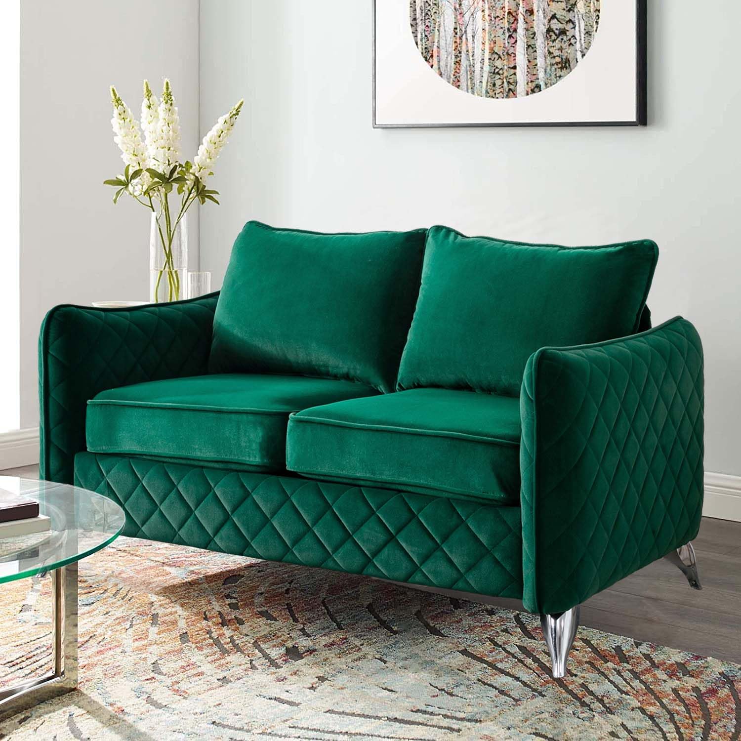 Altrobene Velvet Loveseat, Modern Sofa Chair Couch for Two People, Soft Upholstered, Silver Tone Metal Legs, Christmas Green