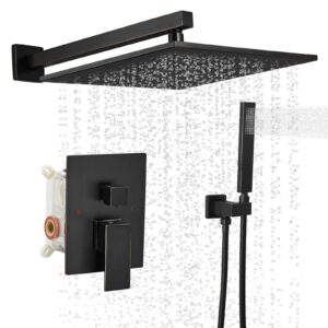 bwe shower faucet oil rubbed bronze 12 inch square bathroom luxury rain mixer shower combo set 2-functions wall mounted rainfall shower head system rough-in valve body and trim included