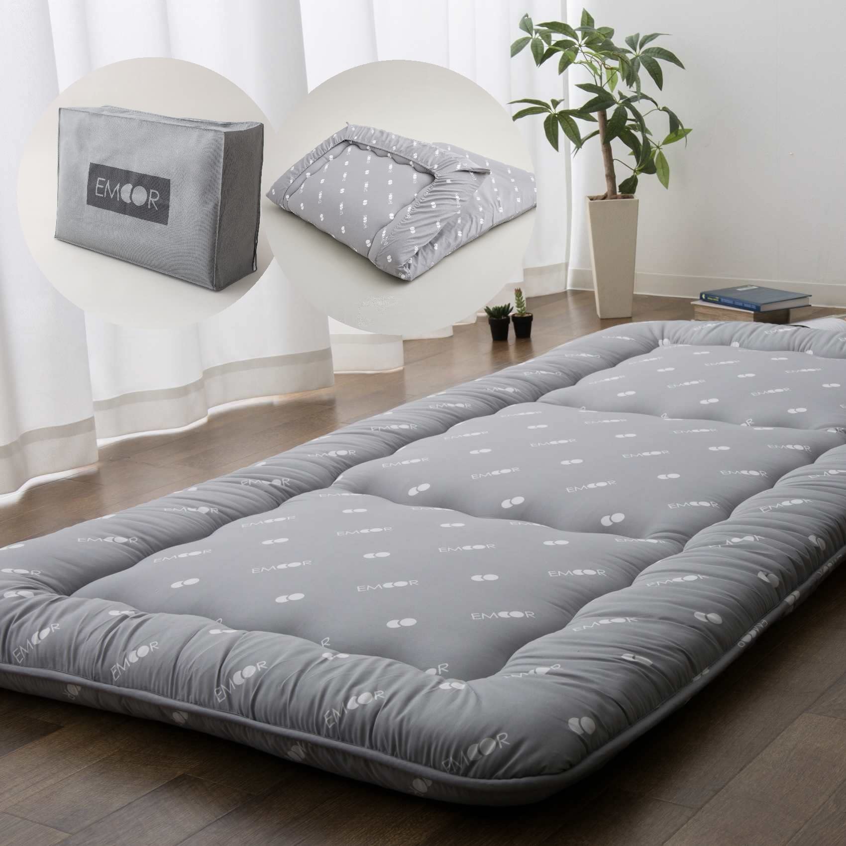 EMOOR Japanese Floor Futon Set (Mattress, Cover & Storage Case) -Kyoto- Full Size (55x80in) Gray, Sleeping Mat Tatami Bed Pad