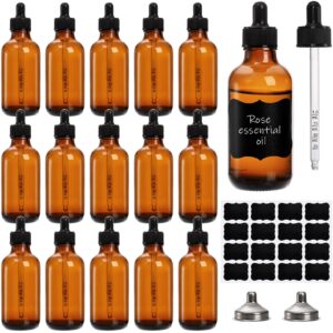 jucoan 16 pack glass dropper bottles, 4 oz/120ml amber glass tincture bottles with graduated glass eye droppers for essential oils, perfume, 2 stainless steel funnels,16 chalkboard lables