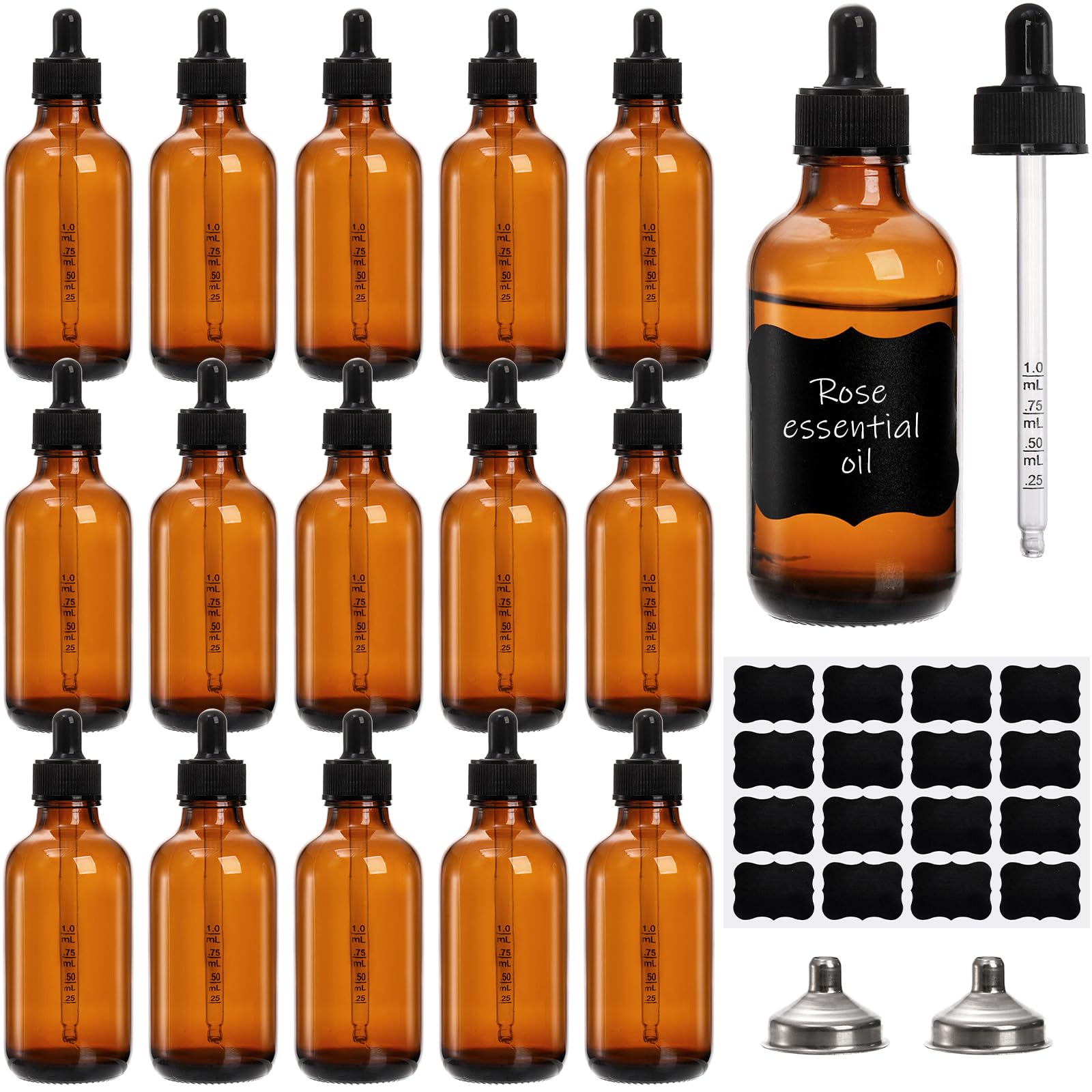 Jucoan 16 Pack Glass Dropper Bottles, 4 oz/120ml Amber Glass Tincture Bottles with Graduated Glass Eye Droppers for Essential Oils, Perfume, 2 Stainless Steel Funnels,16 Chalkboard Lables