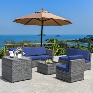 tangkula 8 pcs outdoor patio furniture set, rattan wicker sofa set, sectional sofa couch conversation set w/storage table and 12 zippered cushions for garden backyard poolside (navy)