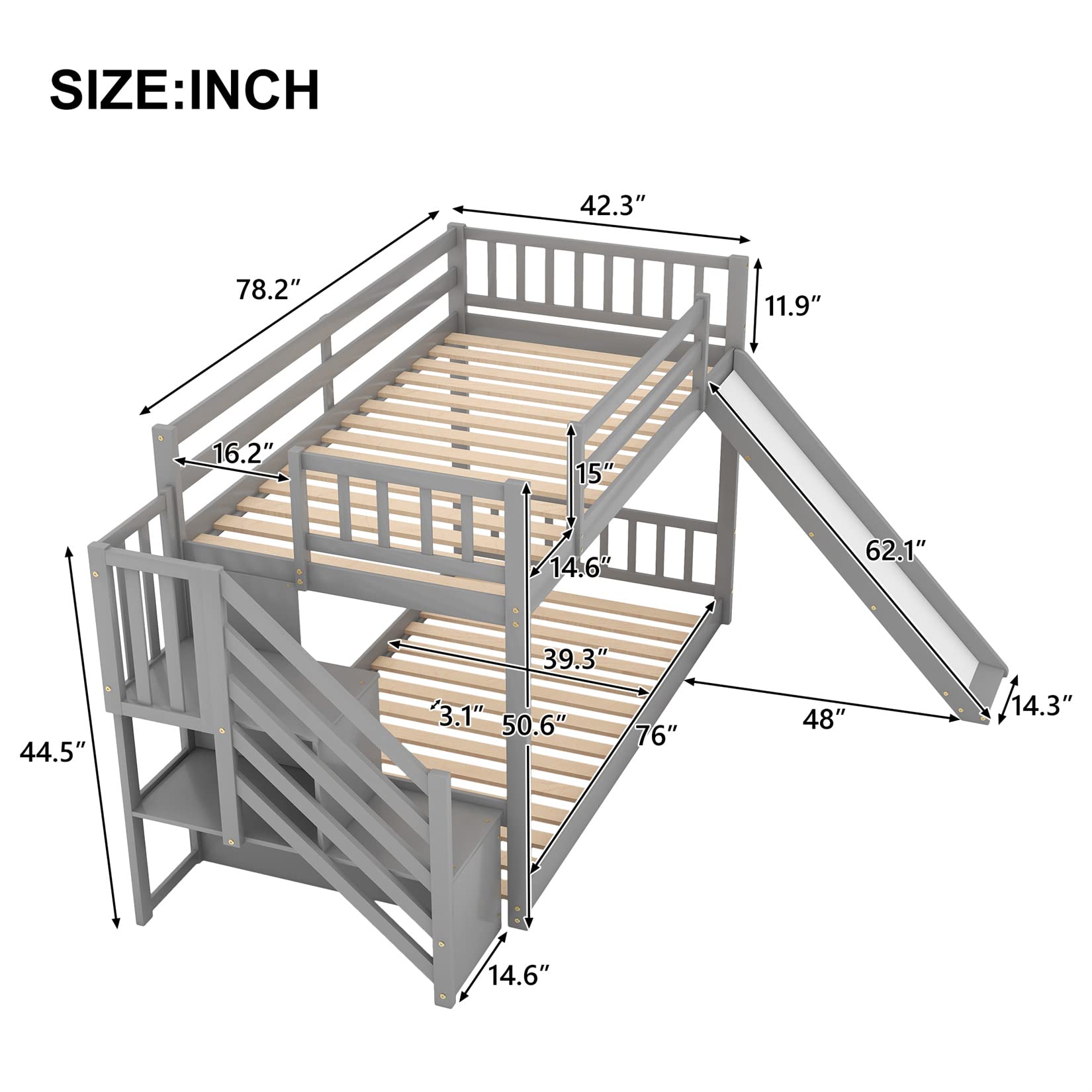 Low Bunk Bed with Slide and Stairs Twin Over Twin Bunk Beds Wood Frame for Kids Toddlers Boys Girls, Gray