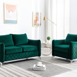 Altrobene Velvet Loveseat, Modern Sofa Chair Couch for Two People, Soft Upholstered, Silver Tone Metal Legs, Christmas Green