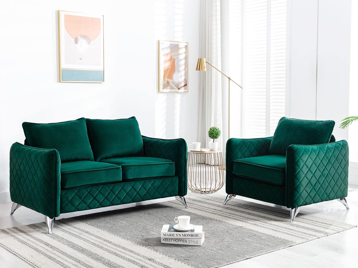 Altrobene Velvet Loveseat, Modern Sofa Chair Couch for Two People, Soft Upholstered, Silver Tone Metal Legs, Christmas Green