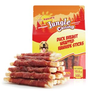 jungle calling dog treats, duck breast wrapped rawhide sticks for dogs, grain-free natural chewy treats picky dogs, puppy chews snacks,10.6 oz