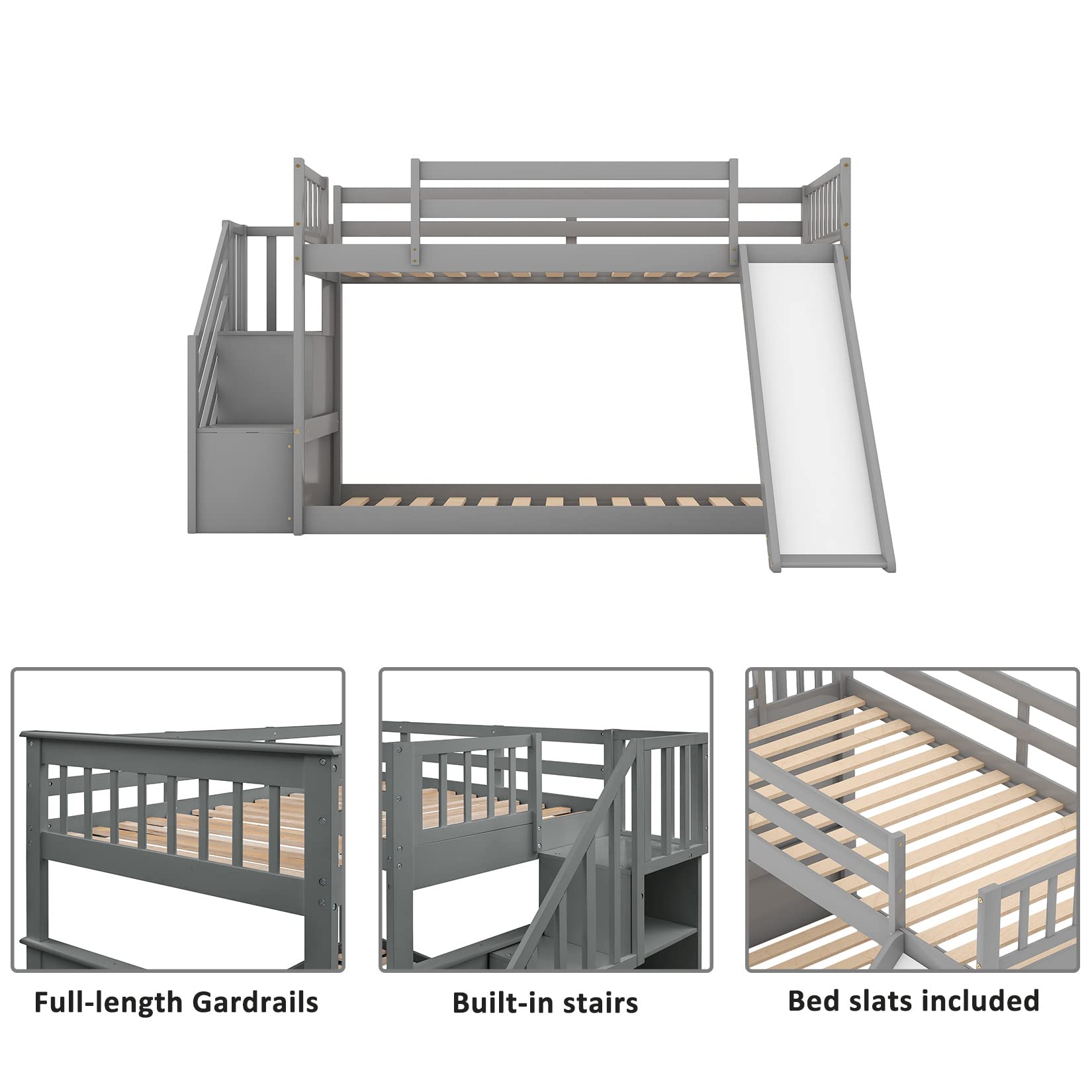 Low Bunk Bed with Slide and Stairs Twin Over Twin Bunk Beds Wood Frame for Kids Toddlers Boys Girls, Gray