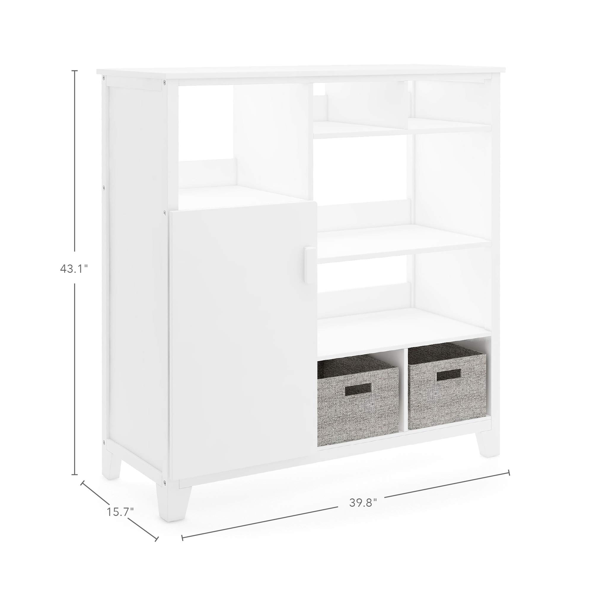 Martha Stewart Kids' Media System - Creamy White: 43 Inch Wooden Cubby Storage Organizer Bookcase with Fabric Bins for Bedroom and Playroom