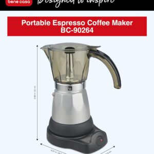 Bene Casa Espresso Coffe Maker, 6 Cup,Electric Maker Portable Cafetera Electrica| Trasparent Carefa, De 6 Tasas, Para Cafe' Espresso,Baso Trasparente.