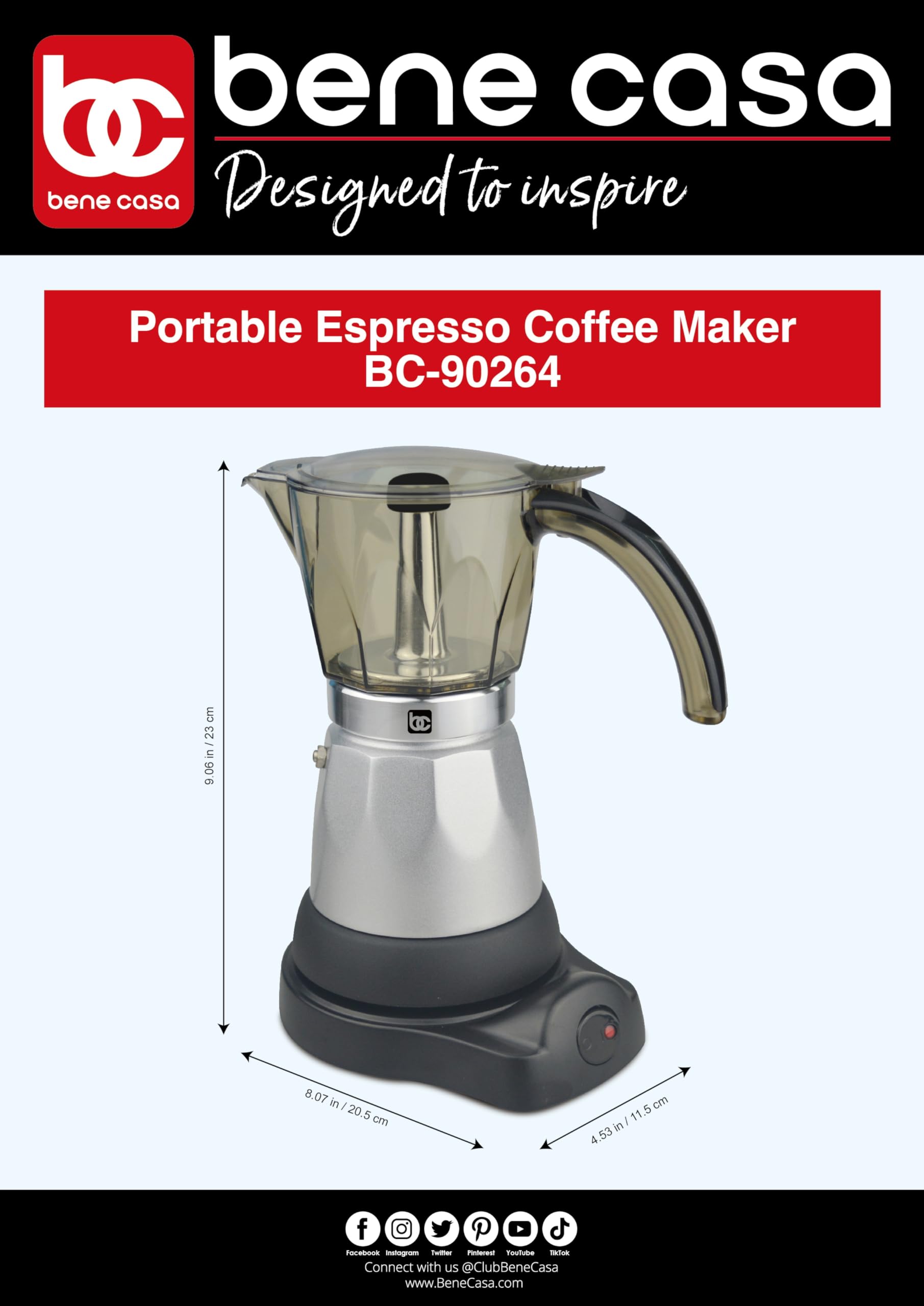 Bene Casa Espresso Coffe Maker, 6 Cup,Electric Maker Portable Cafetera Electrica| Trasparent Carefa, De 6 Tasas, Para Cafe' Espresso,Baso Trasparente.