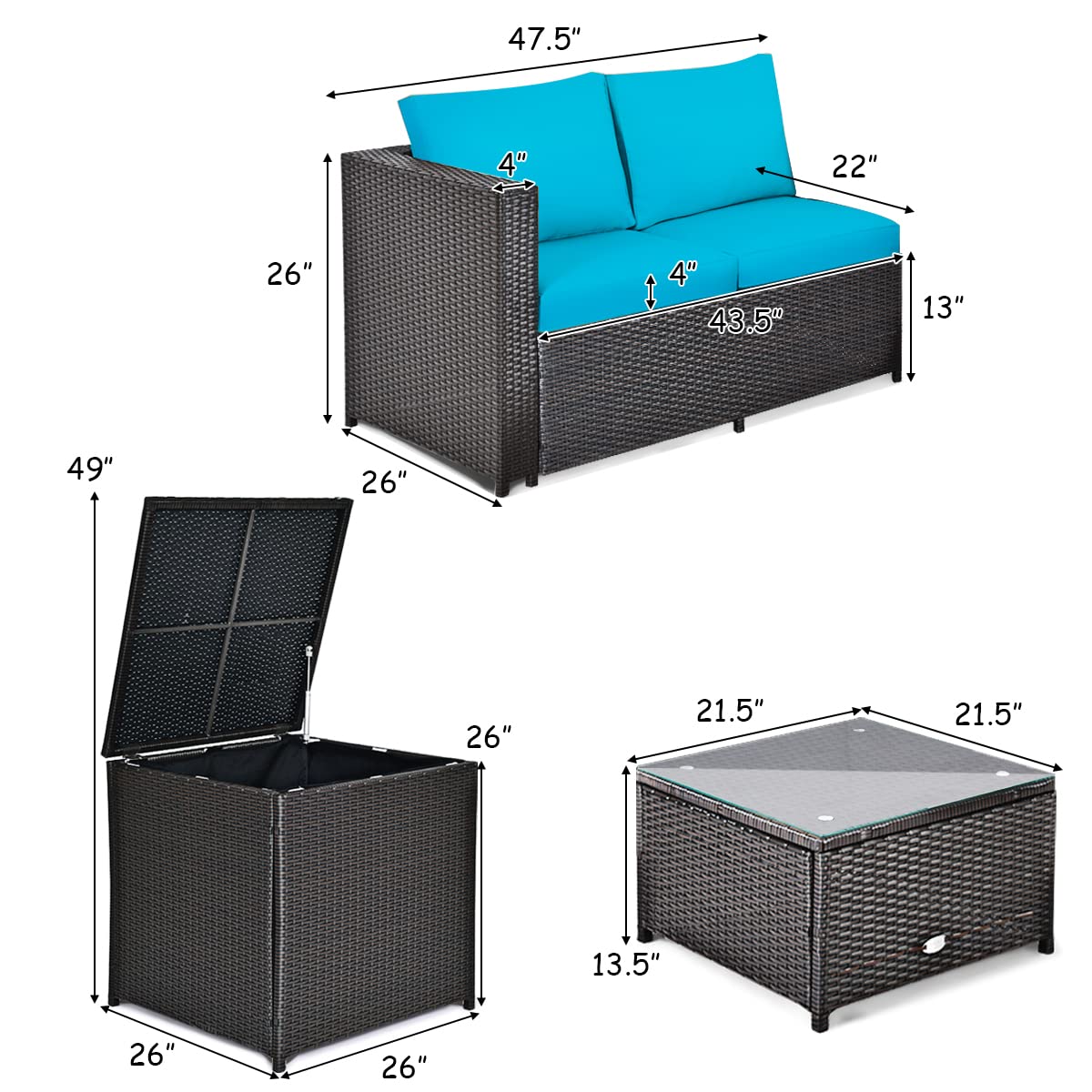 Tangkula 4 Piece Wicker Patio Set with Storage, All Weather-Proof Outdoor Conversation Set with Loveseat, Glass Top Coffee Table & Storage Box, Suitable for Garden, Poolside, Sunroom (1, Turquoise)