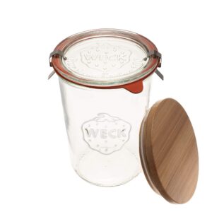 weck canning jars 743 - weck mold jar made of transparent glass - eco-friendly canning jar - food storage container with lid airtight - 3/4 liter tall jar includes (1 jar, glass lid & wooden lid)