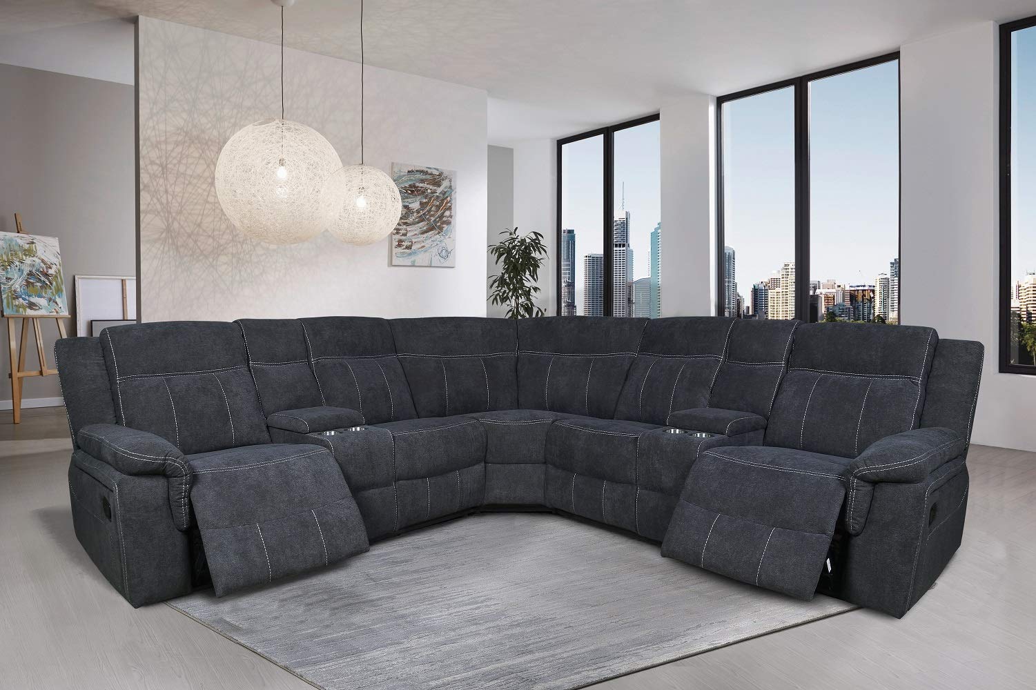 Elountik Modern Sectional Sofa Manual Lift Sofa Reclining Sofa Couch Large Sofa Set (Fabric Gray)