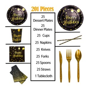 TabreMstr 201 Pieces Gold Disposable Party Dinnerware Set &Golden Dot Birthday Black Paper Plates Napkins Cups, Gold Plastic Forks Knives Spoons (25 Guests)