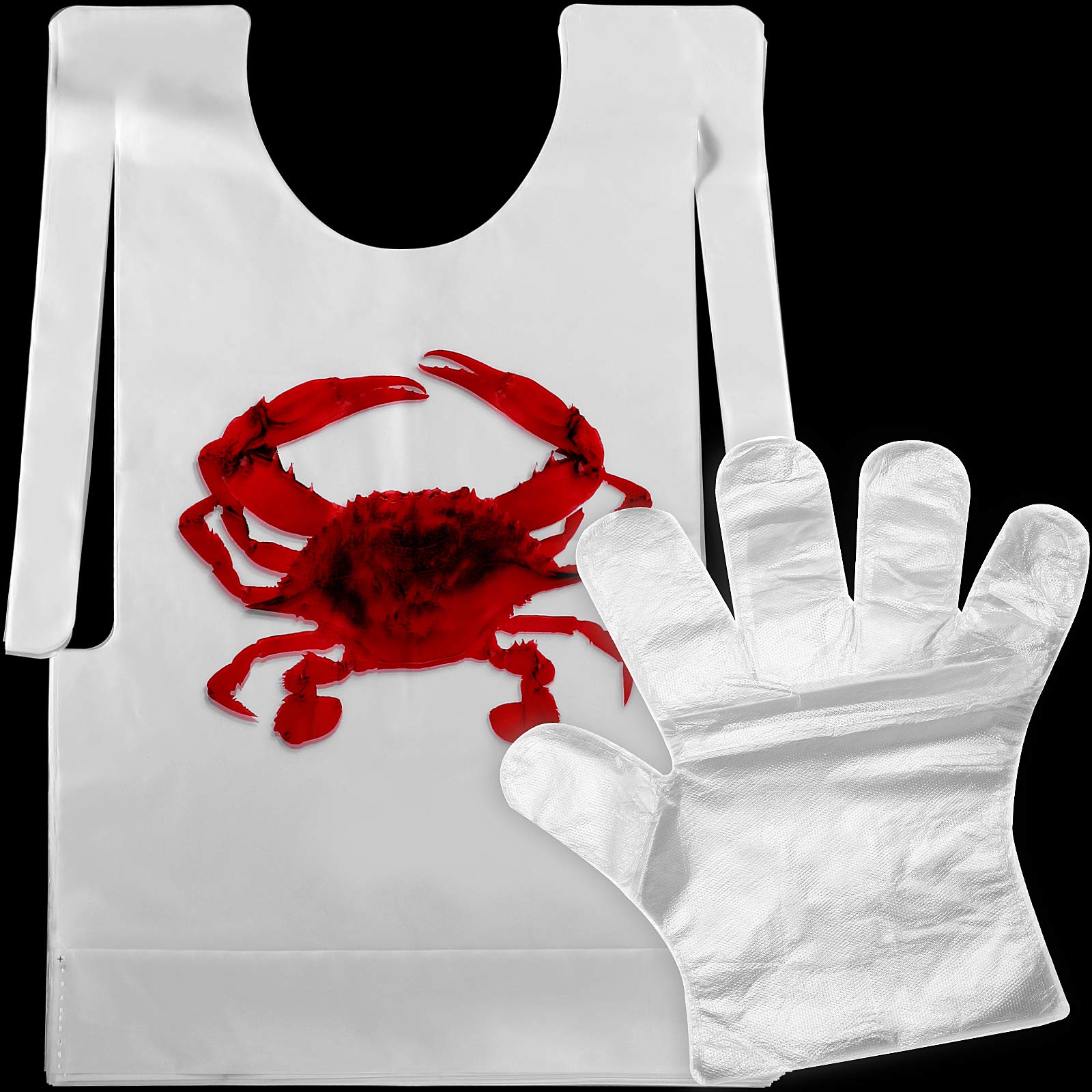 50pcs Crab Lobster Bibs and 50 Pairs of Plastic Disposable Gloves Disposable Adult Crab Feast Bibs for Seafood(Crab Style)