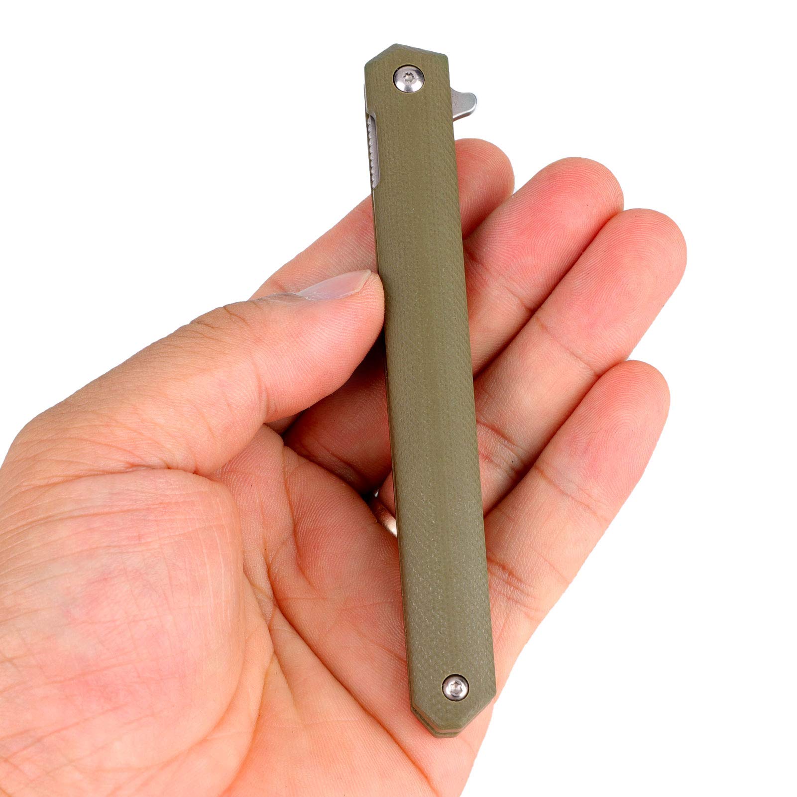 Samior G1035 Small Slim Folding Pocket Flipper Knife, 3.5 inch D2 Drop Point Blade, Army Green G10 Handle with Liner Lock Pocket Clip, Gentleman's EDC Knives 1.3oz