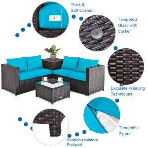 Tangkula 4 Piece Wicker Patio Set with Storage, All Weather-Proof Outdoor Conversation Set with Loveseat, Glass Top Coffee Table & Storage Box, Suitable for Garden, Poolside, Sunroom (1, Turquoise)