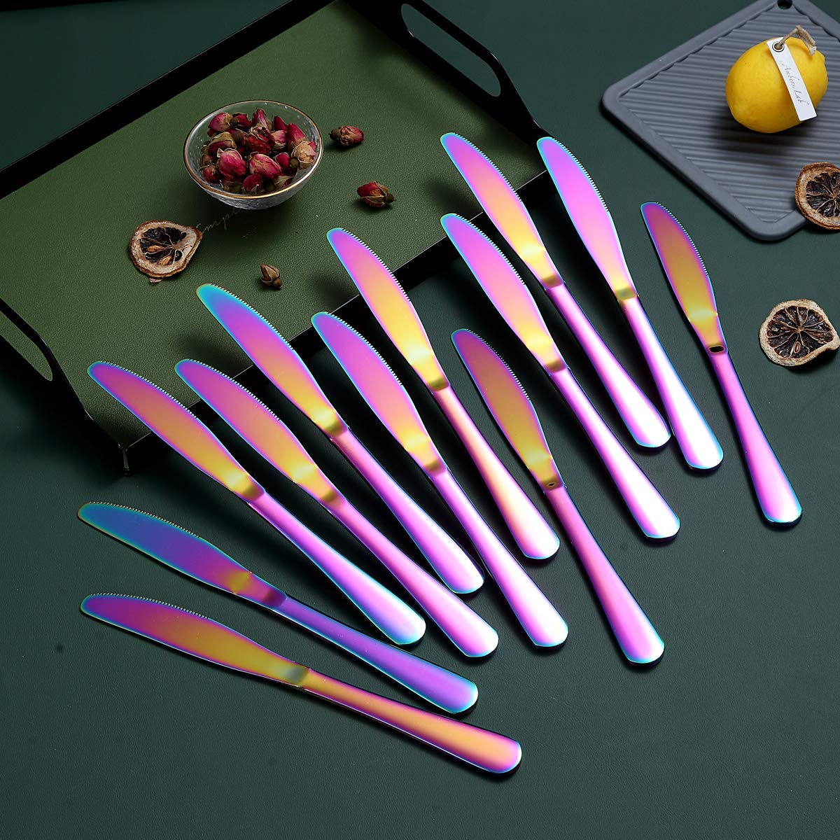 Berglander Rainbow Dinner Knives Set Of 12, Stainless Steel Titanium Plating Shiny Colorful Dinner Knife, Mutil Color Butter Knife Spreader Table Knives Sturdy And Dishwasher Safe