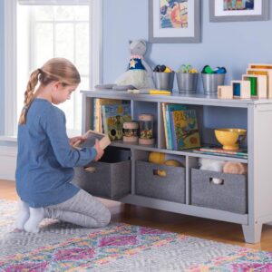 martha stewart kids' low bookcase (gray) - 24 inch wooden storage organizer cubby with fabric bins for playroom and bedroom