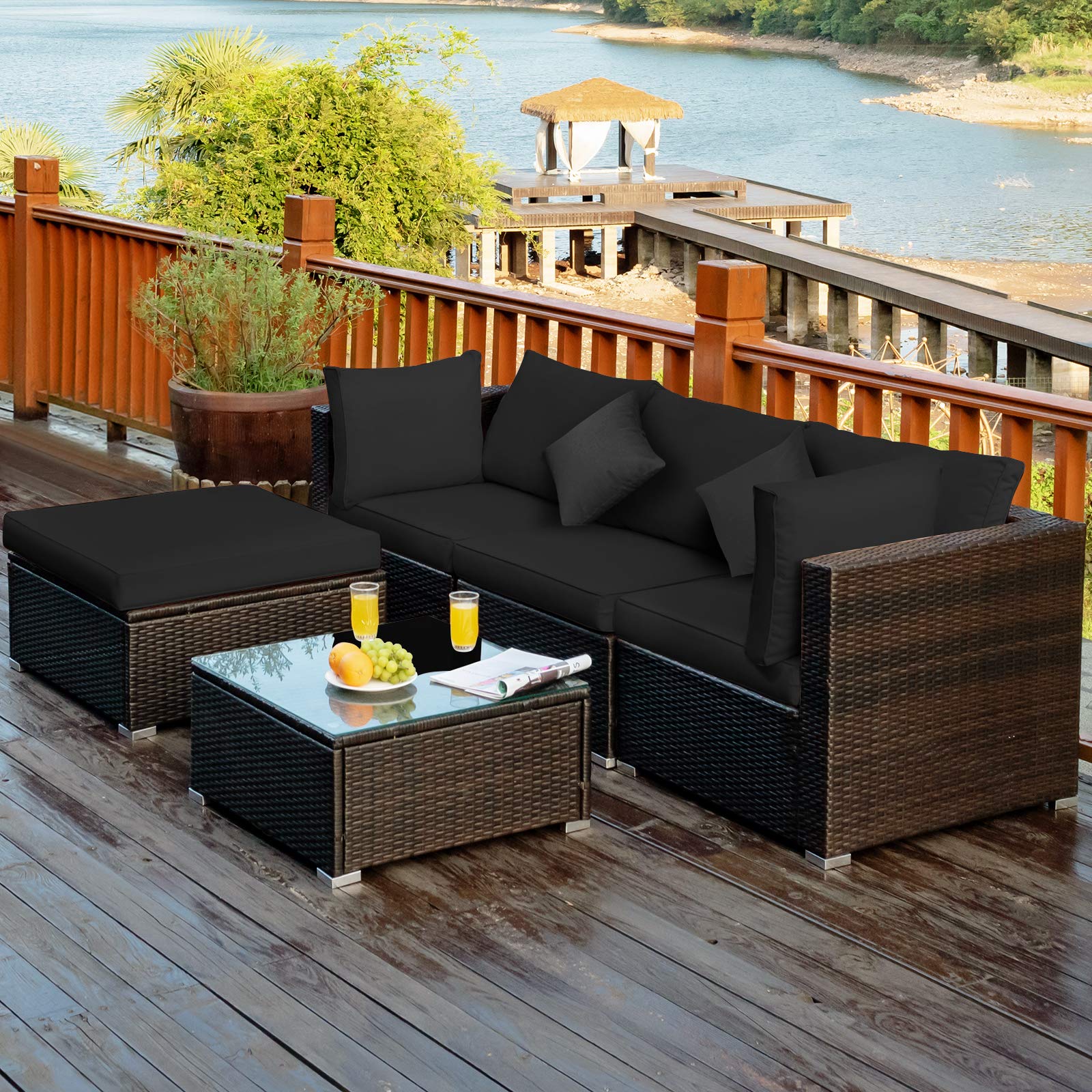 Tangkula 5 Piece Patio Rattan Furniture Set, Outdoor Sectional Rattan Sofa Set with Back & Seat Cushions, Wicker Conversation Set with Tempered Glass Table for Backyard Porch Poolside (Black)