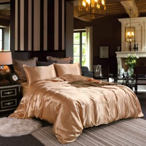 duvet cover 3 piece set - ultra soft silky satin hotel collection - 1 comforter cover with zipper closure and 2 pillowcases - king/cal king, gold - duvet set