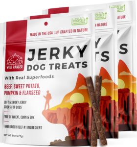 wild nature beef jerky dog treats | healthy, all-natural jerky sticks made in the usa only | high protein, soft chew dog jerky treats | grain free superfoods | perfect training treats | 3 pack