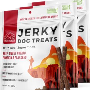 WILD NATURE Beef Jerky Dog Treats | Healthy, All-Natural Jerky Sticks Made in The USA Only | High Protein, Soft Chew Dog Jerky Treats | Grain Free Superfoods | Perfect Training Treats | 3 Pack