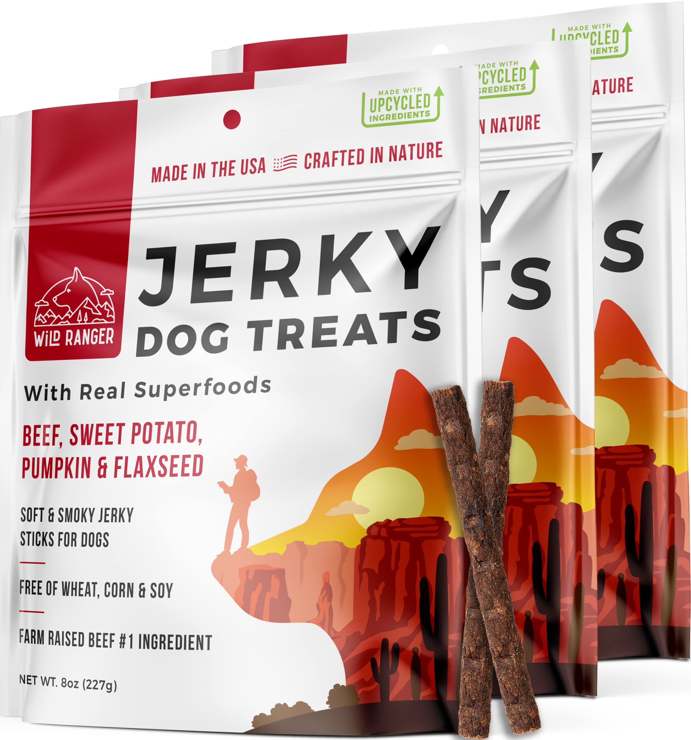 WILD NATURE Beef Jerky Dog Treats | Healthy, All-Natural Jerky Sticks Made in The USA Only | High Protein, Soft Chew Dog Jerky Treats | Grain Free Superfoods | Perfect Training Treats | 3 Pack