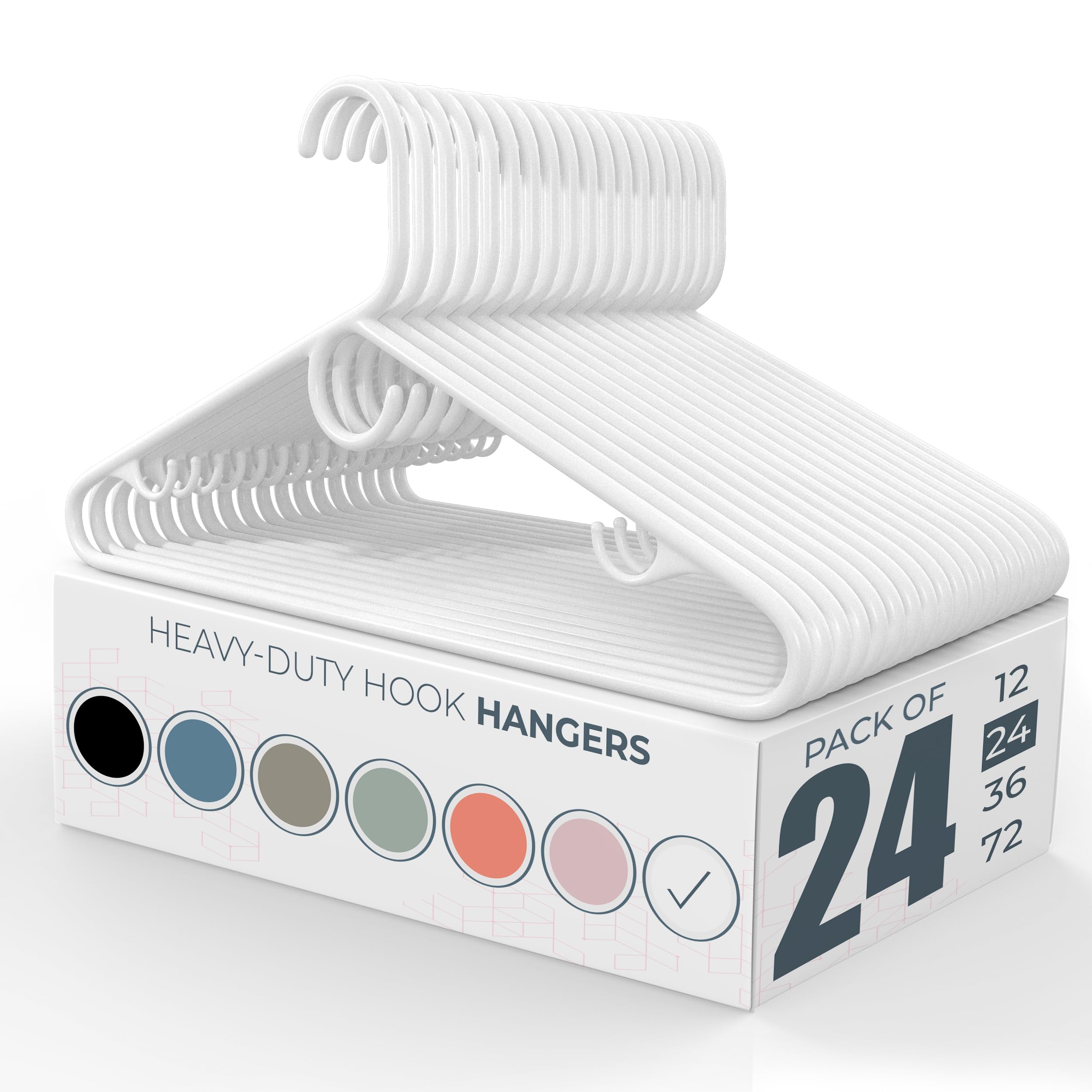 24pk Heavy Duty Plastic Clothes Hangers Bulk Large Strap Hooks | 20 30 50 100 Pack Available | Strong Plastic Hangers | Jacket Coat Hangers | Plastic Hanger for Closet and Clothing Hangars (White)