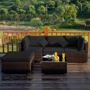 Tangkula 5 Piece Patio Rattan Furniture Set, Outdoor Sectional Rattan Sofa Set with Back & Seat Cushions, Wicker Conversation Set with Tempered Glass Table for Backyard Porch Poolside (Black)