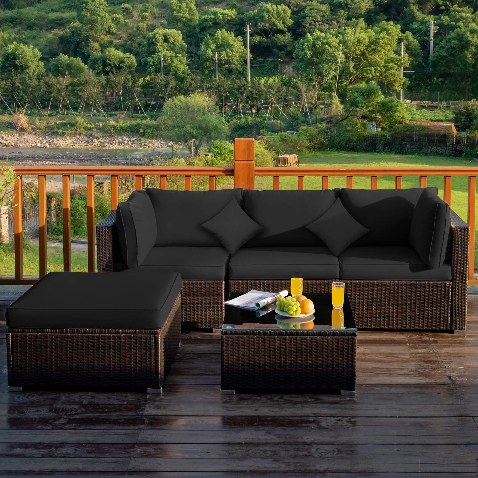 Tangkula 5 Piece Patio Rattan Furniture Set, Outdoor Sectional Rattan Sofa Set with Back & Seat Cushions, Wicker Conversation Set with Tempered Glass Table for Backyard Porch Poolside (Black)