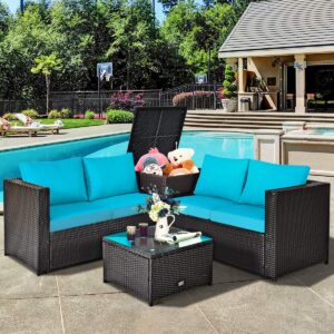 Tangkula 4 Piece Wicker Patio Set with Storage, All Weather-Proof Outdoor Conversation Set with Loveseat, Glass Top Coffee Table & Storage Box, Suitable for Garden, Poolside, Sunroom (1, Turquoise)