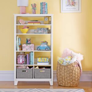 martha stewart kids' tall bookcase - creamy white: 48 inch wooden storage organizer cubby with fabric bins for playroom and bedroom