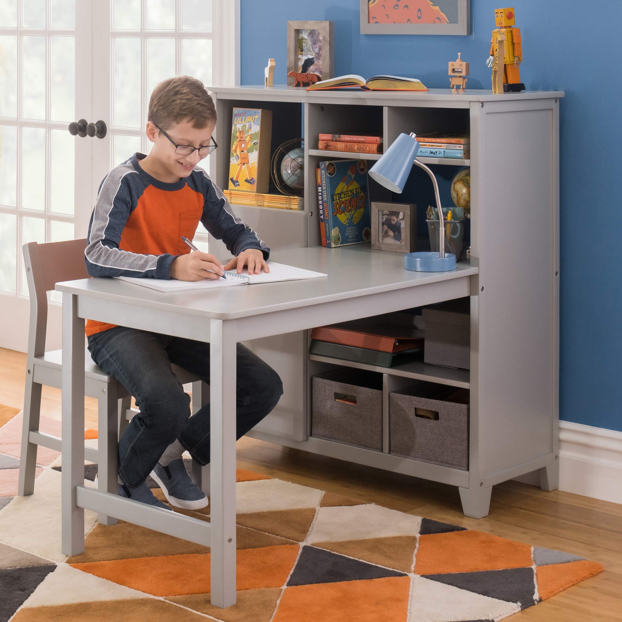 Martha Stewart Kids' Media System with Desk Extension and Chair (Gray) – Wooden Cubby Storage Organizer and Computer Study Table for Home School