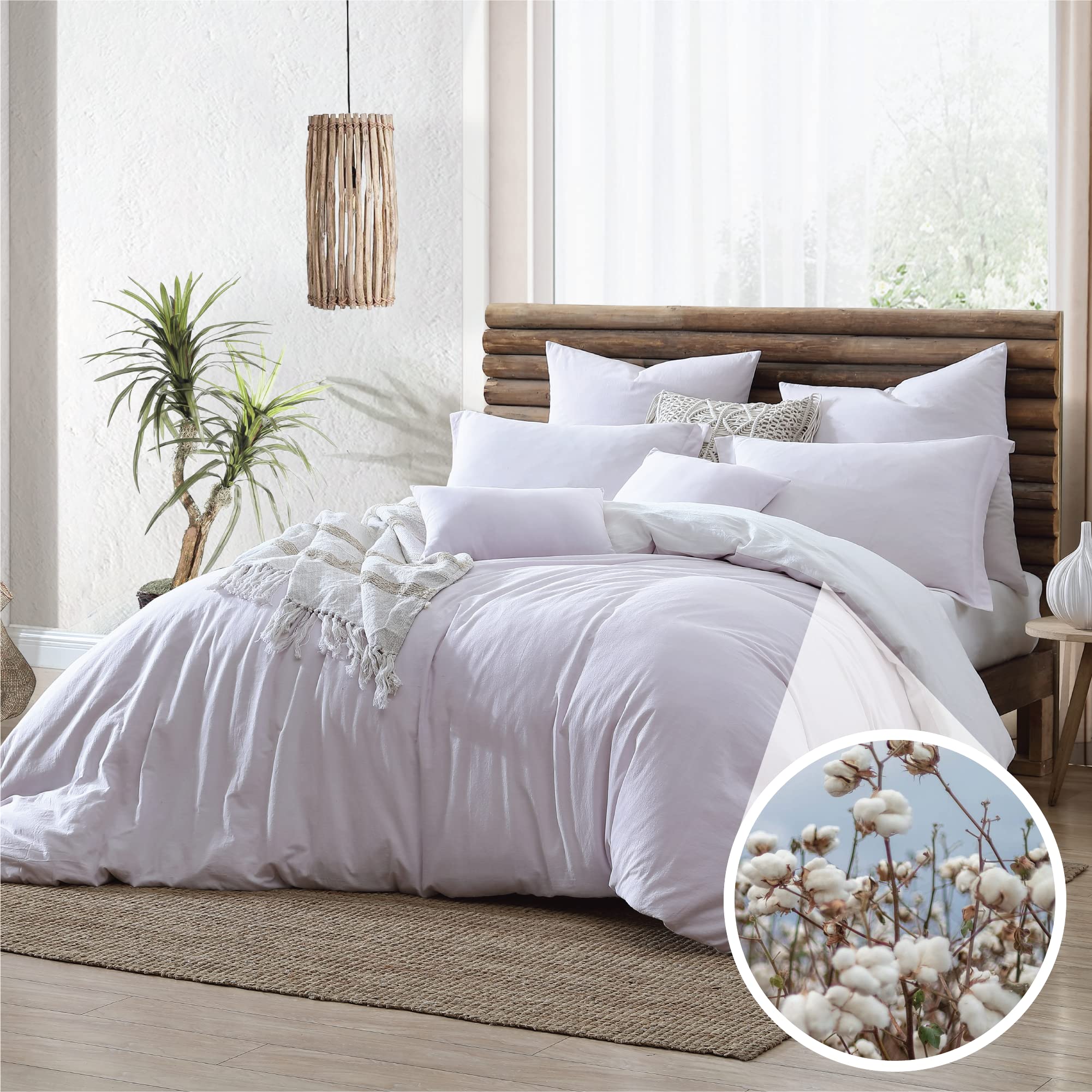 Swift Home Valatie 100% Cotton Garment Washed & Dyed Reversible Bedding Duvet Cover Set, All Season & Breathable, Oeko-TEX Certified – Lavender/White, King/Cal King (Comforter NOT Included)