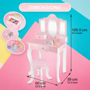 Green series Kinderplay | Kids Vanity - Little Girls Vanity Set with Mirror and Stool | Vanity for Girls | Kids Vanity Set with Mirror Age 4-9 | Vanity Kids Makeup | Pink GS3300