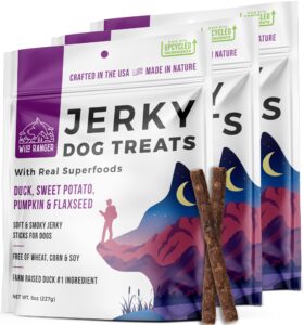 wild nature duck jerky dog treats | healthy, all-natural duck jerky sticks made in the usa only | high protein, soft chew dog jerky treats | grain free superfoods | perfect training treats | 3 pack