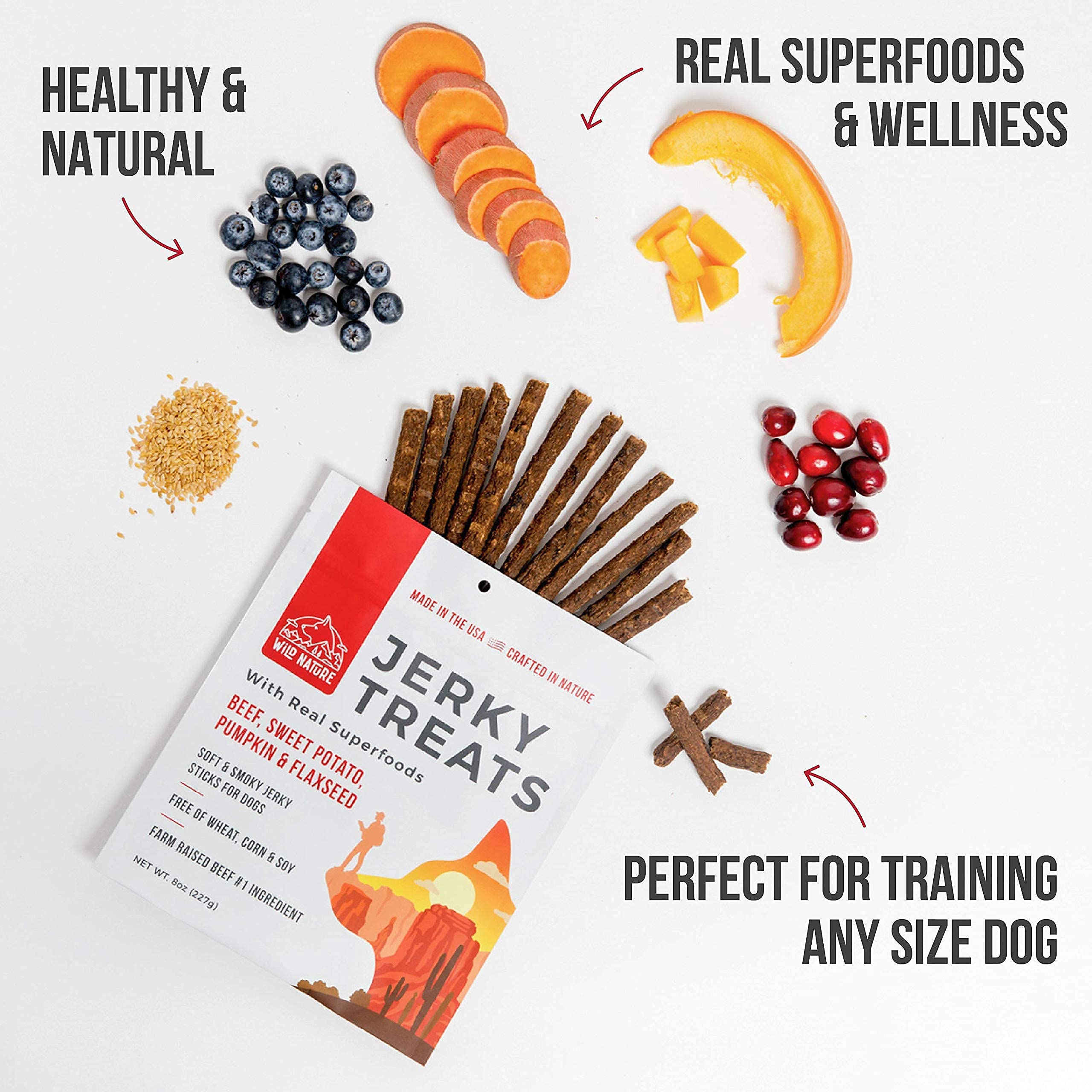 WILD NATURE Beef Jerky Dog Treats | Healthy, All-Natural Jerky Sticks Made in The USA Only | High Protein, Soft Chew Dog Jerky Treats | Grain Free Superfoods | Perfect Training Treats | 3 Pack