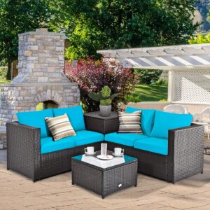 Tangkula 4 Piece Wicker Patio Set with Storage, All Weather-Proof Outdoor Conversation Set with Loveseat, Glass Top Coffee Table & Storage Box, Suitable for Garden, Poolside, Sunroom (1, Turquoise)