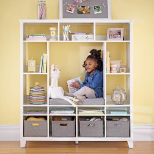 martha stewart kids' storage system - creamy white: wood bookshelf cubby with seat cushion, shelves and storage bins; reading nook bookcase and kids room storage bench