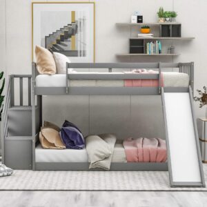 harper & bright designs twin bunk beds with slide for kids, low profile bunk beds with staircase, no box spring needed