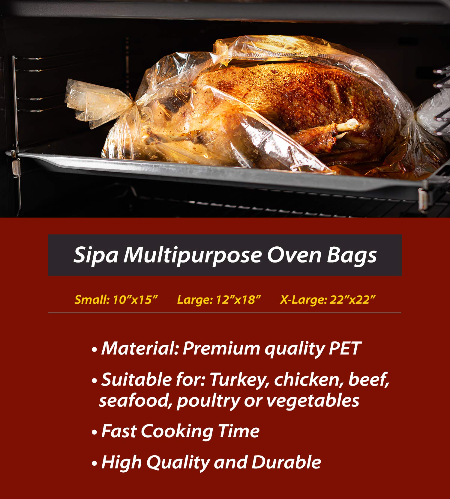 Sipa Multipurpose Oven Bags - 10" x 15" Baking Bags No Mess for smaller roasts or pieces of turkey Chicken Meat Ham Poultry Fish Seafood Vegetable (10)