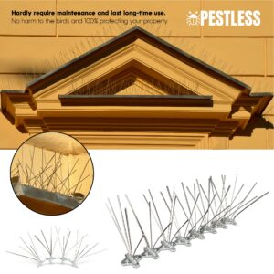 Pestless Upgraded Bird Spikes 10 Pack - 12-Inch Deterrent, 5 Spikes, Wide Coverage, Adjustable Strip Length - Stainless Steel Repeller Against Pigeons, Squirrels, Animals - Easy Mounting