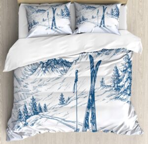 ambesonne winter duvet cover set, sketchy graphic of a downhill ski elements in snow relax calm view, decorative 3 piece bedding set with 2 pillow shams, california king, blue white