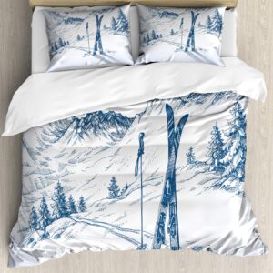 Ambesonne Winter Duvet Cover Set, Sketchy Graphic of a Downhill Ski Elements in Snow Relax Calm View, Decorative 3 Piece Bedding Set with 2 Pillow Shams, California King, Blue White