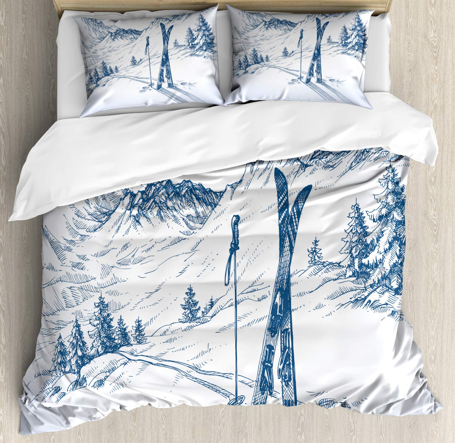 Ambesonne Winter Duvet Cover Set, Sketchy Graphic of a Downhill Ski Elements in Snow Relax Calm View, Decorative 3 Piece Bedding Set with 2 Pillow Shams, California King, Blue White