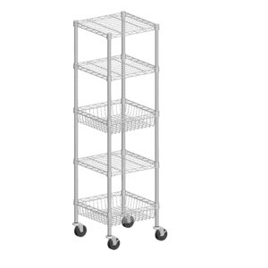 Home Storage Space HSS 5 Tier Wire Shelving Tower with Casters, 16 inch x16 inch x53.7 inch H, Chrome