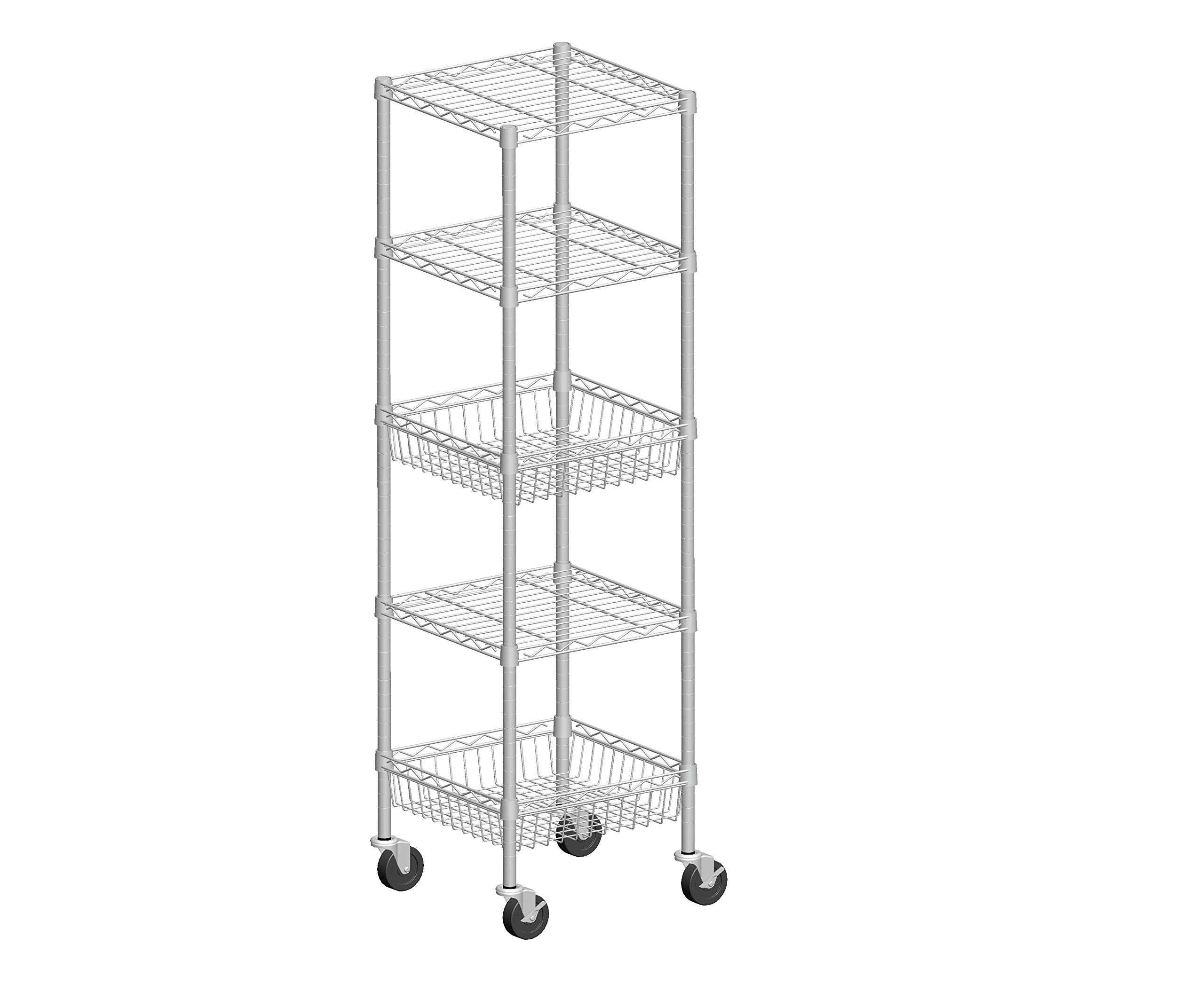 Home Storage Space HSS 5 Tier Wire Shelving Tower with Casters, 16 inch x16 inch x53.7 inch H, Chrome